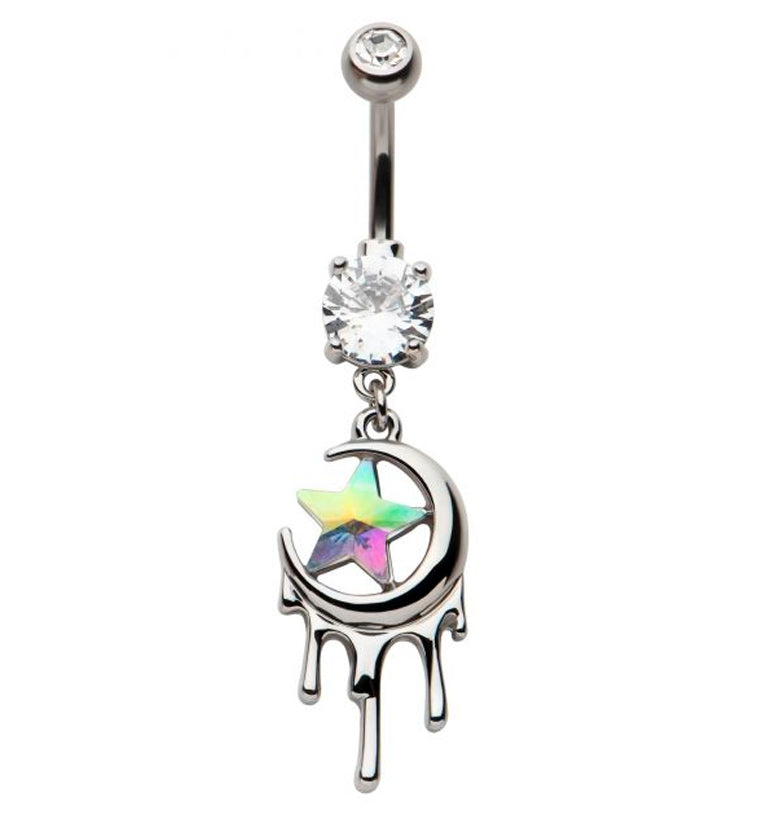 Dripping Half Moon Rainbow Aurora Star CZ Stainless Steel Belly Button