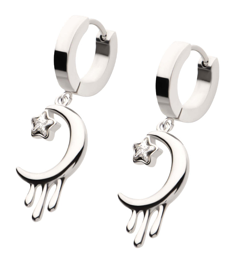 Dripping Half Moon Star Clear CZ Stainless Steel Hoop Huggie Earrings ...