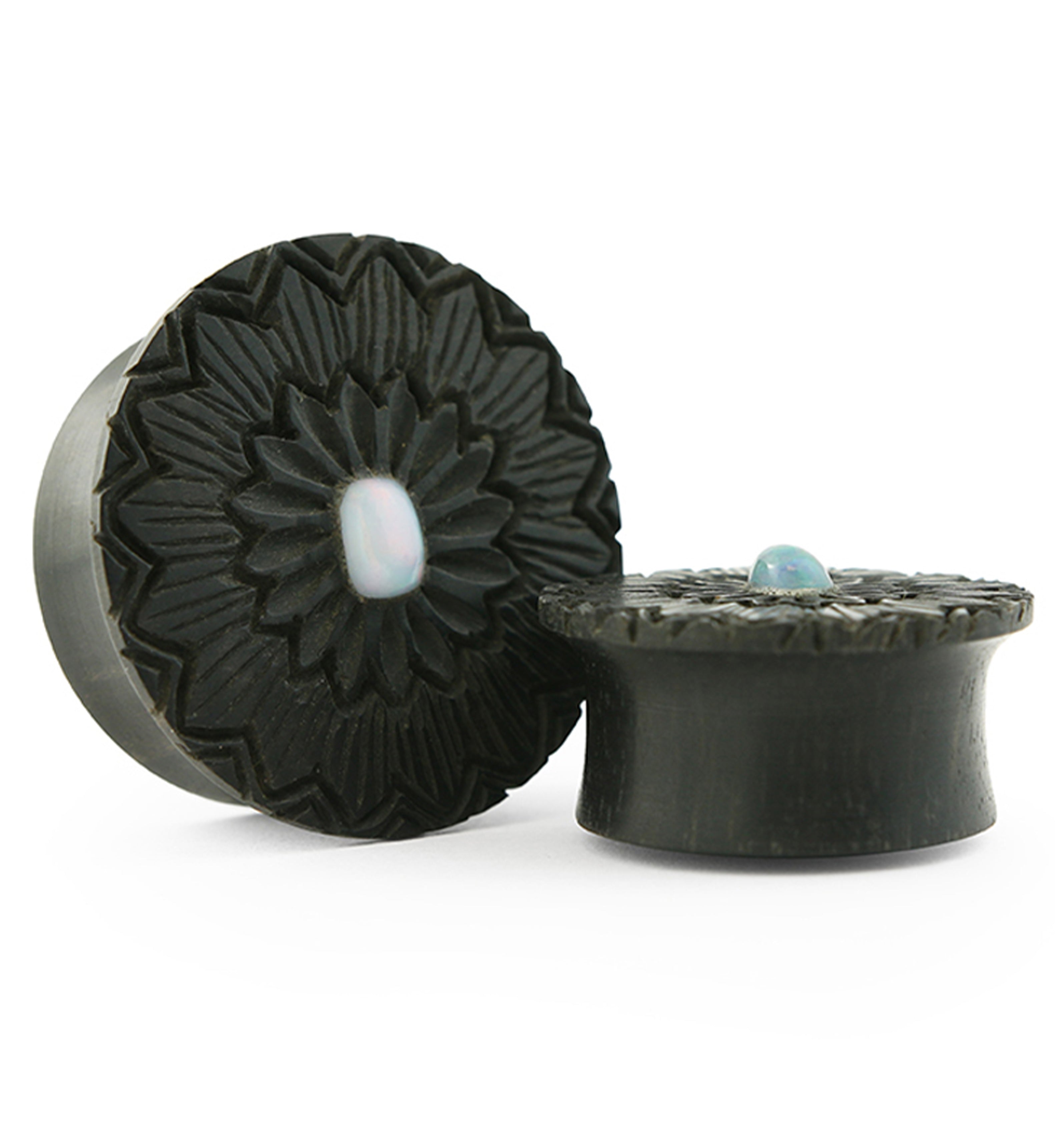 Etched Flower Areng Wood Mayan Flare Plugs With Opal Inlay (1 Inch - 1 ...
