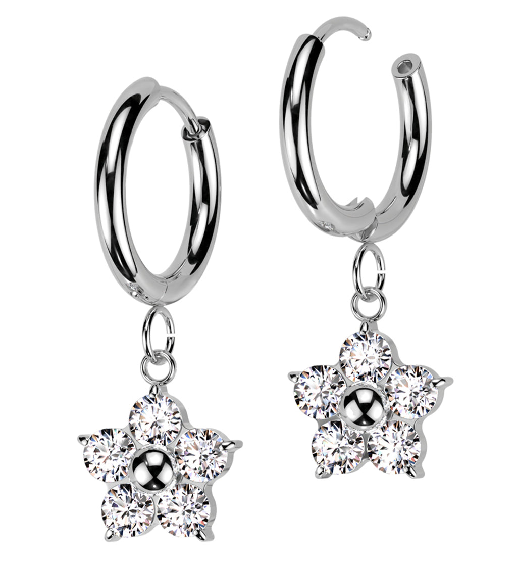 Flower Dangle Clear CZ Stainless Steel Hoop Earrings | UrbanBodyJewelry.com