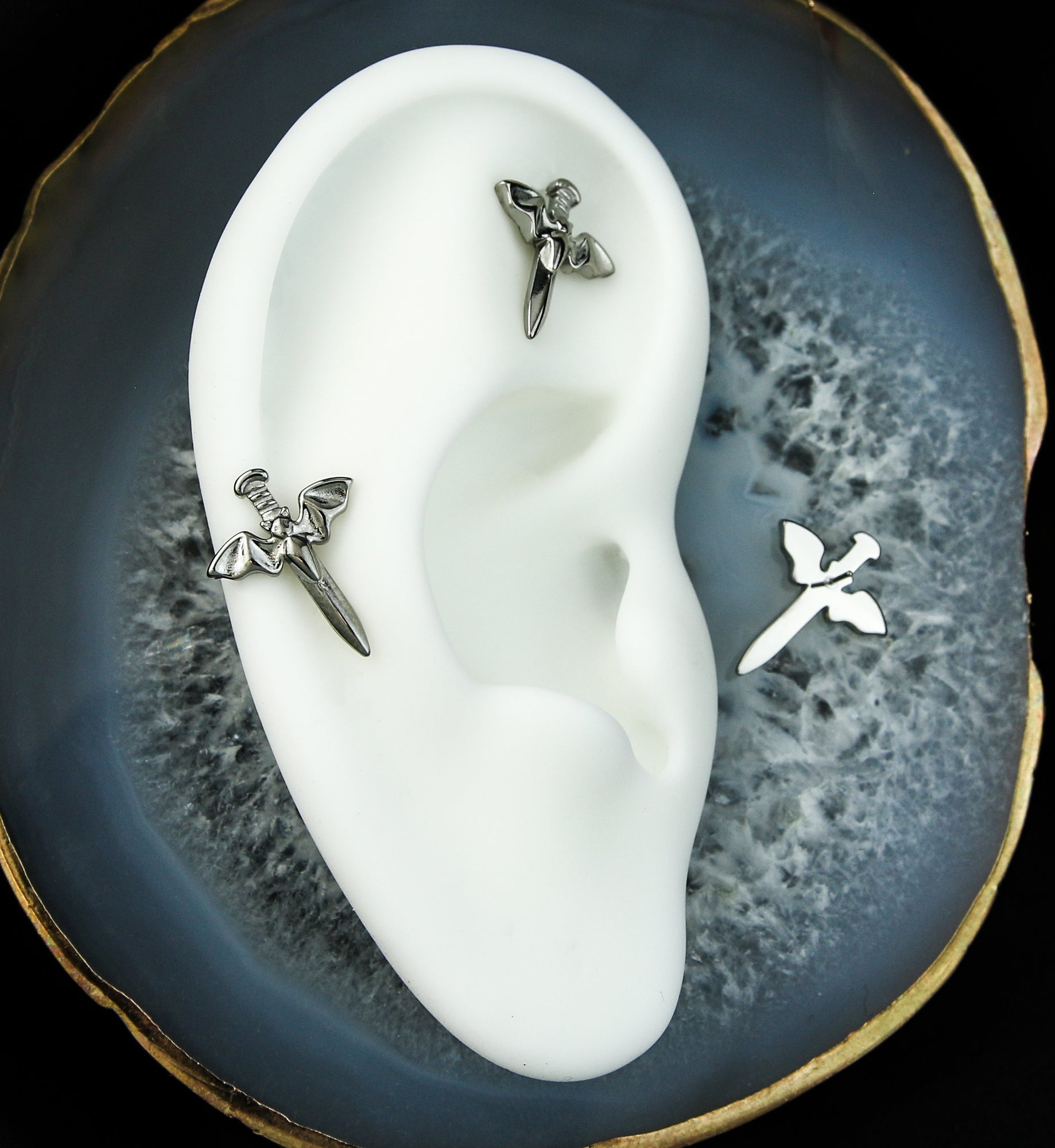 Flying Bat Dagger Titanium Threadless Top | UrbanBodyJewelry.com