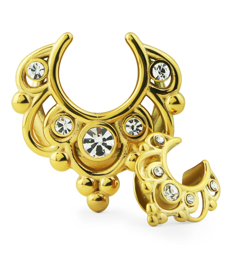 Gold PVD Filigree Clear CZ Stainless Steel Saddles | UrbanBodyJewelry.com