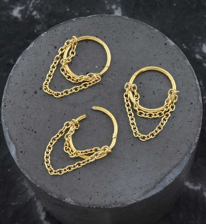 Gold PVD Abaft Double Dangle Chain Hinged Segment Ring Stainless Steel