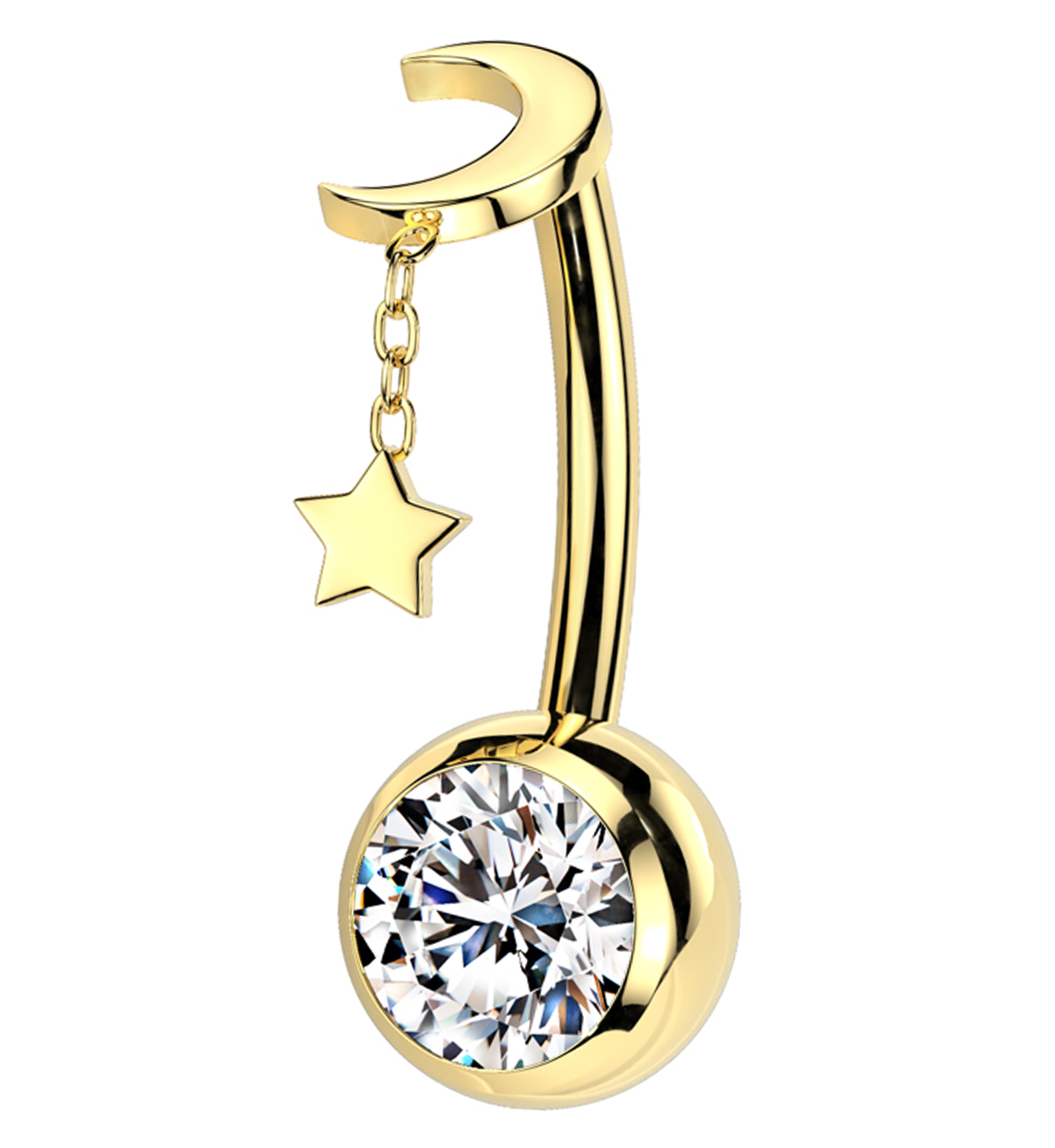 Gold PVD Crescent Dangle Star Clear CZ Titanium Threadless Belly Butto | UrbanBodyJewelry.com