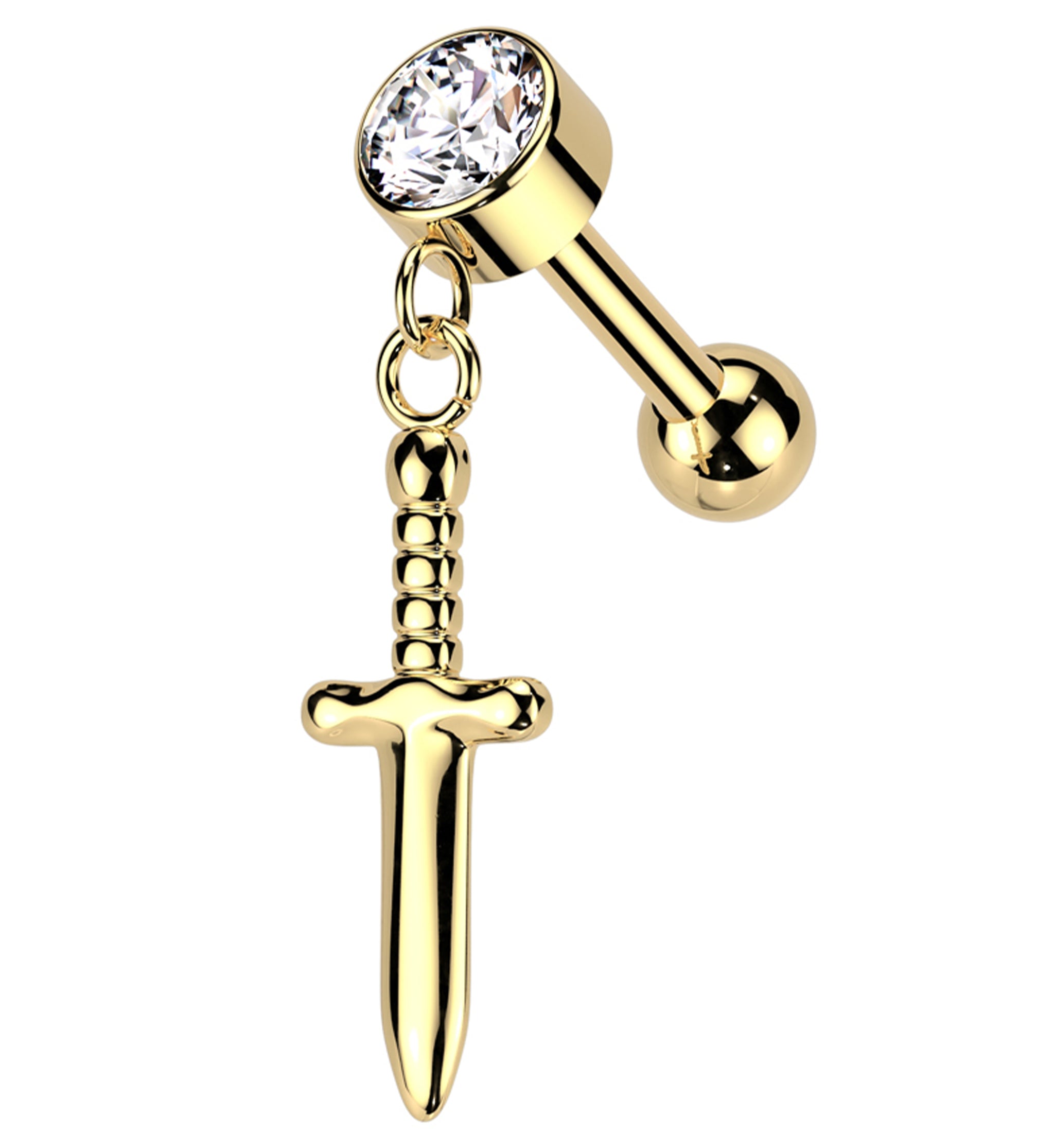 Gold PVD Dangling Dagger Clear CZ Threadless Titanium Cartilage Barbel