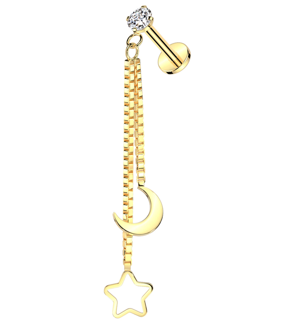 Gold PVD Double Dangle Moon And Star Clear CZ Stainless Steel Internal