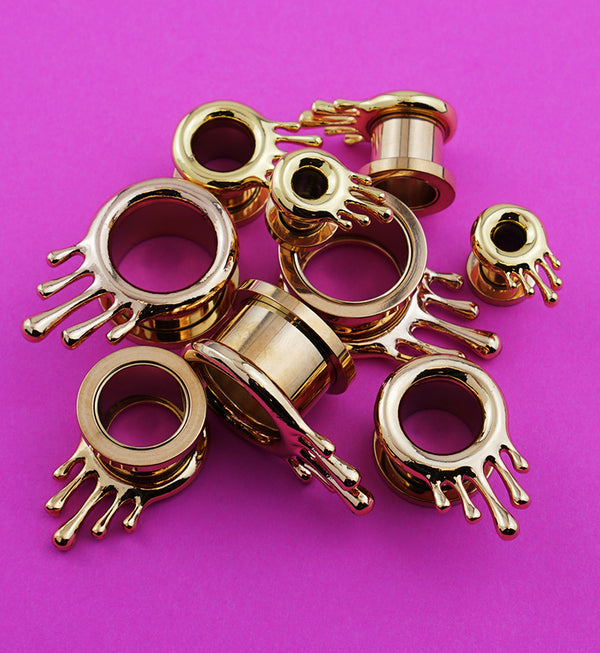 Gold PVD Dripping Stainless Steel Screw Back Tunnel Plugs (2G - 5/8")
