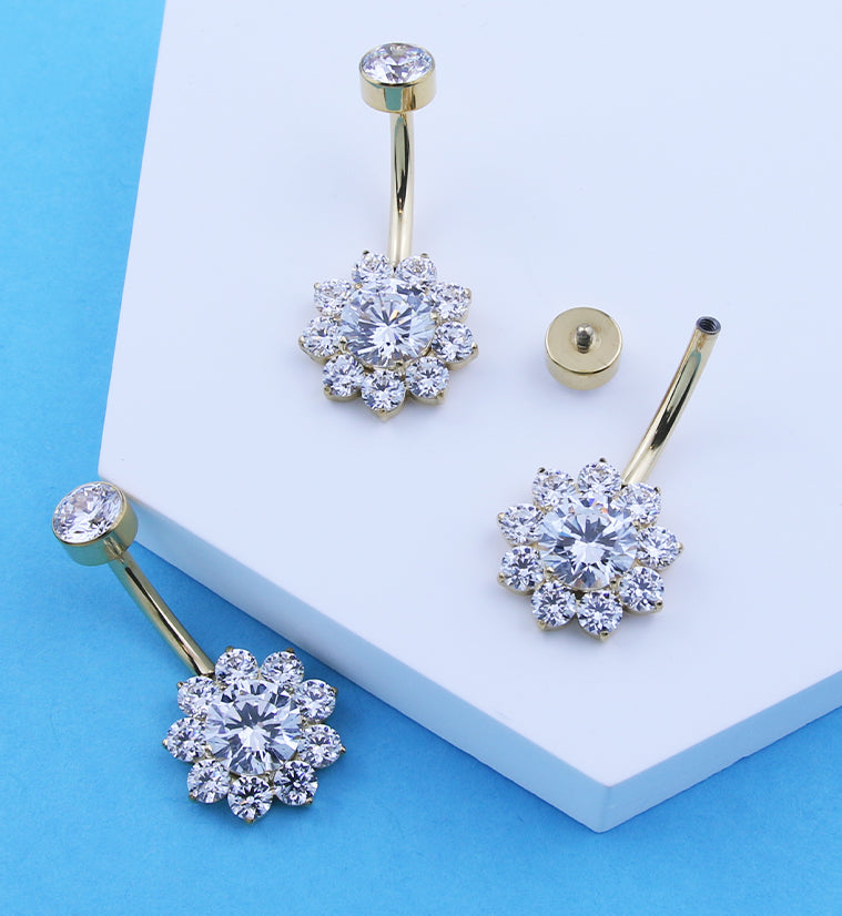 Gold PVD Flora Clear CZ Internally Threaded Titanium Belly Button Ring ...
