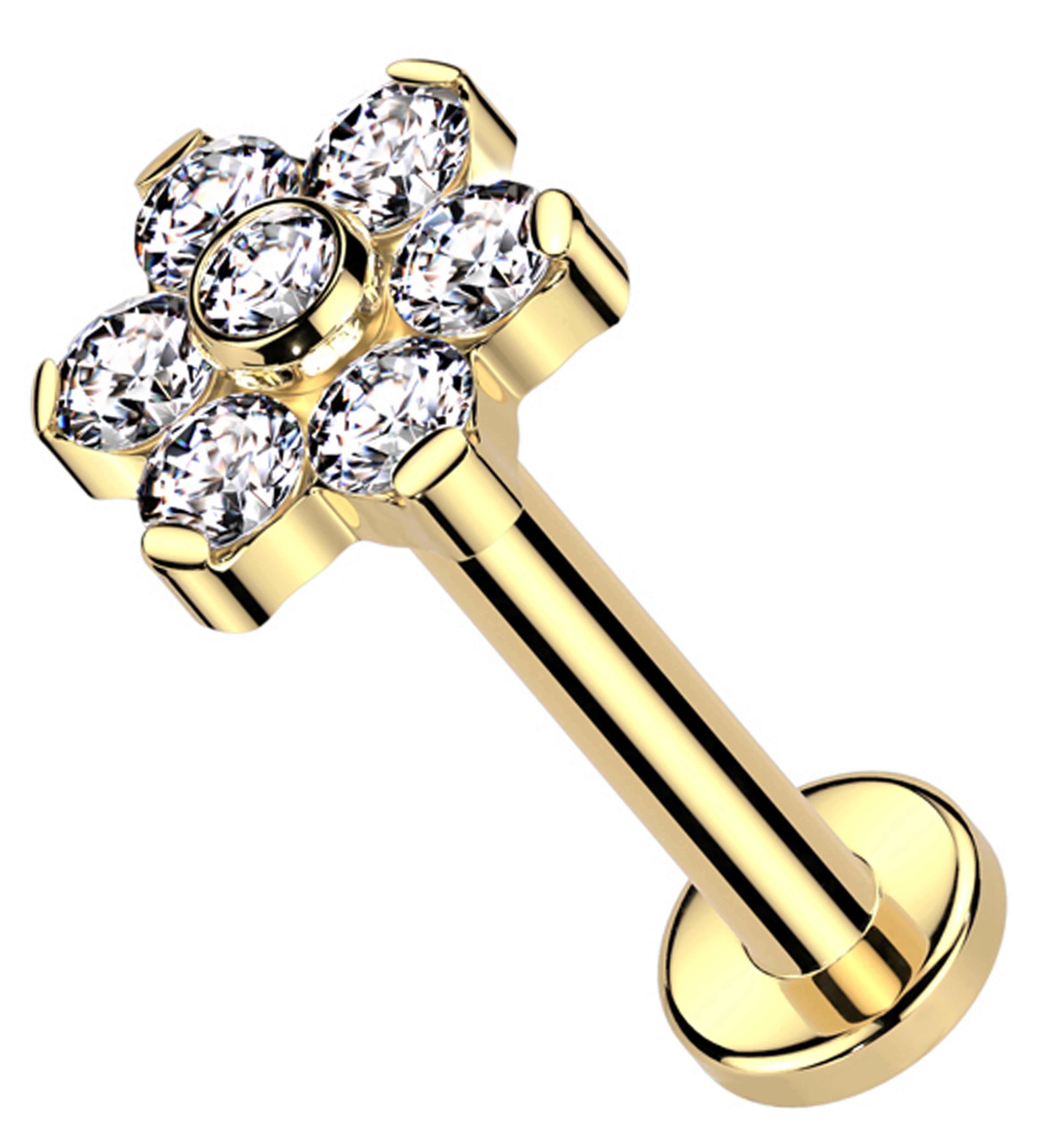Gold PVD Flower Clear CZ Flat Back Titanium Threadless Labret ...