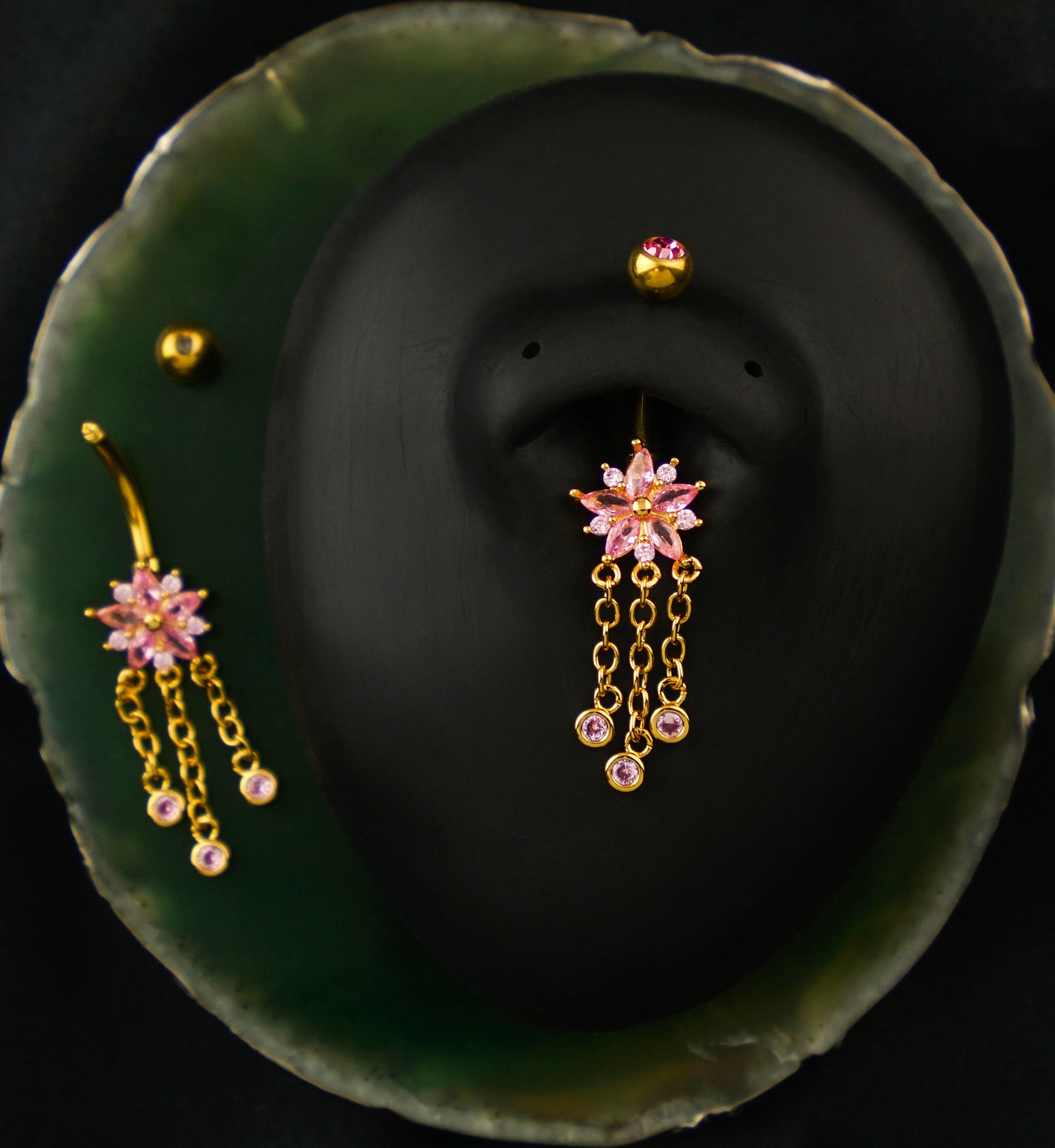 Gold PVD Flower Triple Pink CZ Dangle Stainless Steel Belly Button Rin