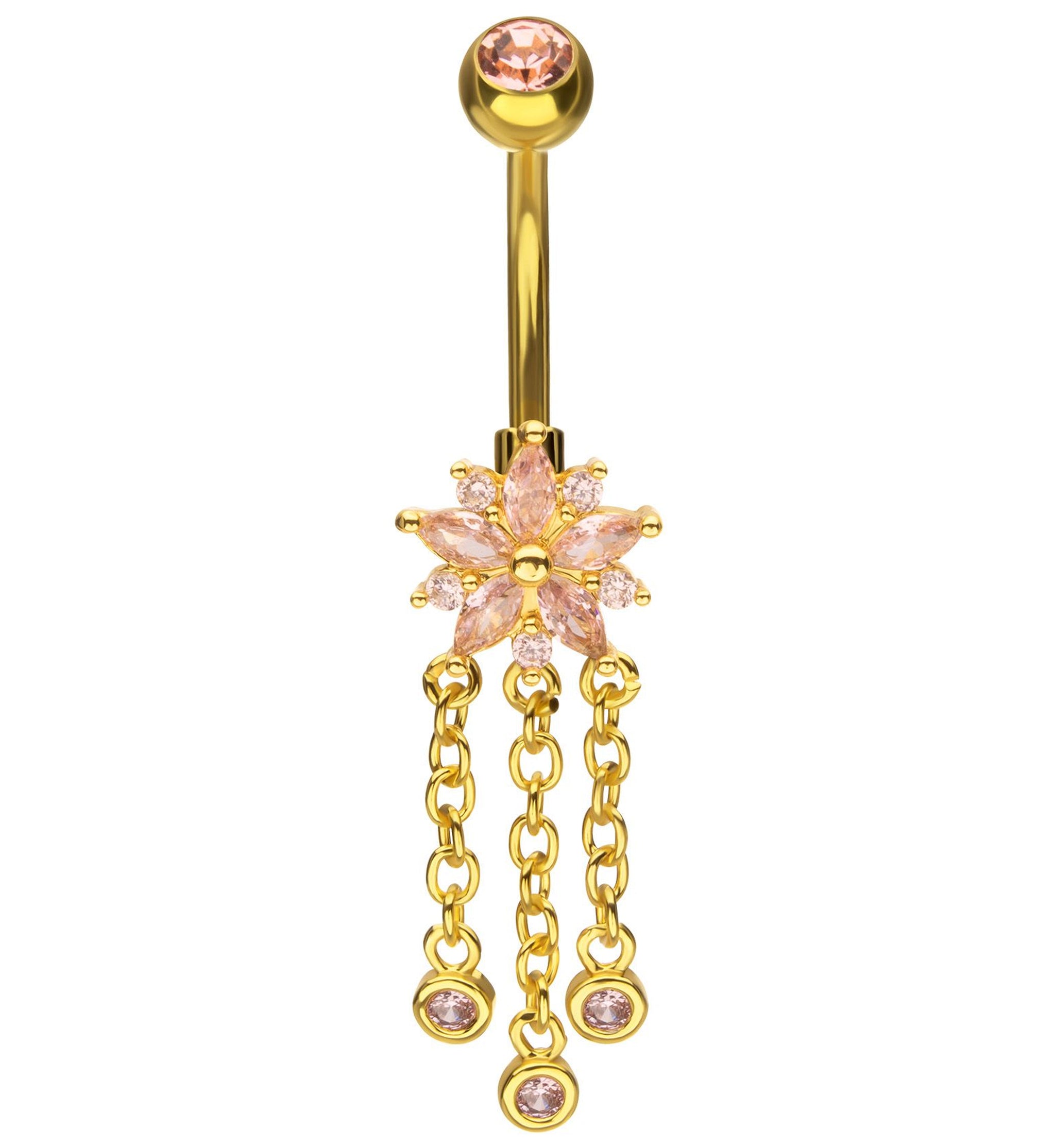Gold PVD Flower Triple Pink CZ Dangle Stainless Steel Belly Button Rin