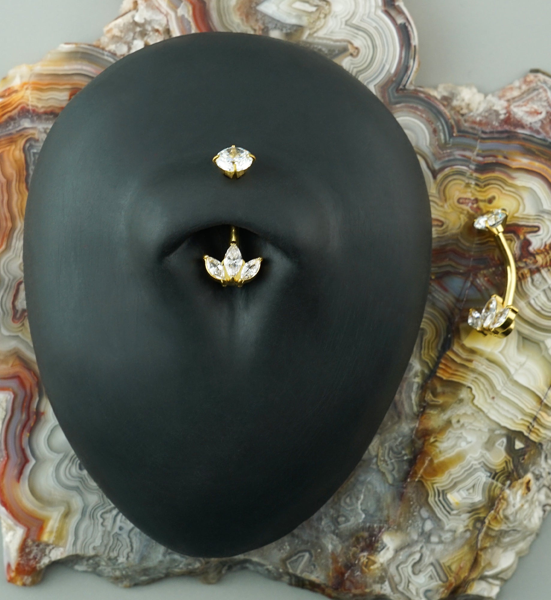 Gold PVD Frond CZ Stainless Steel Internally Threaded Belly Button Rin