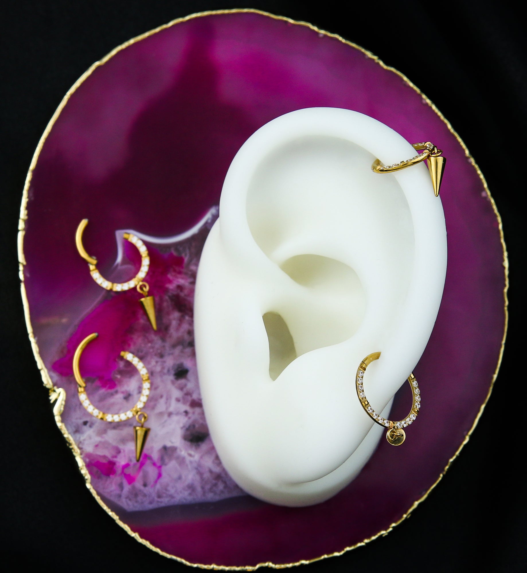 Gold PVD Front Facing Cone Dangle Clear CZ Row Titanium Hinged Segment | UrbanBodyJewelry.com