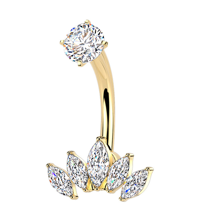 Gold PVD Half Crown CZ Stainless Steel Internally Threaded Belly Butto