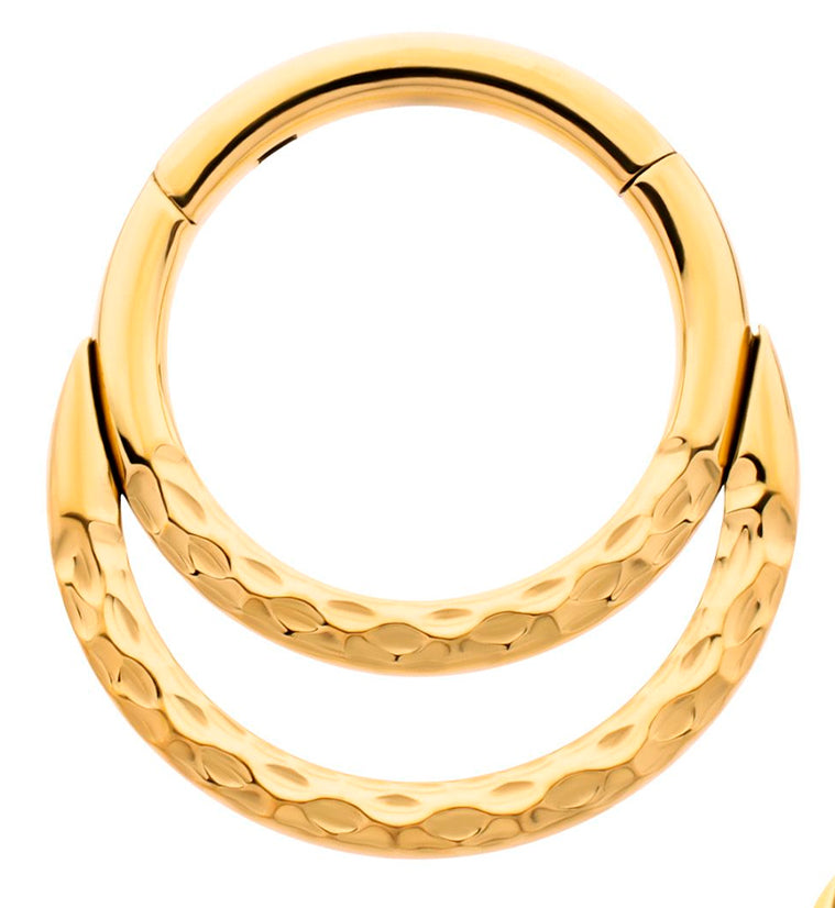 24kt Gold PVD Hammered Double Hoop Titanium Hinged Segment Ring ...