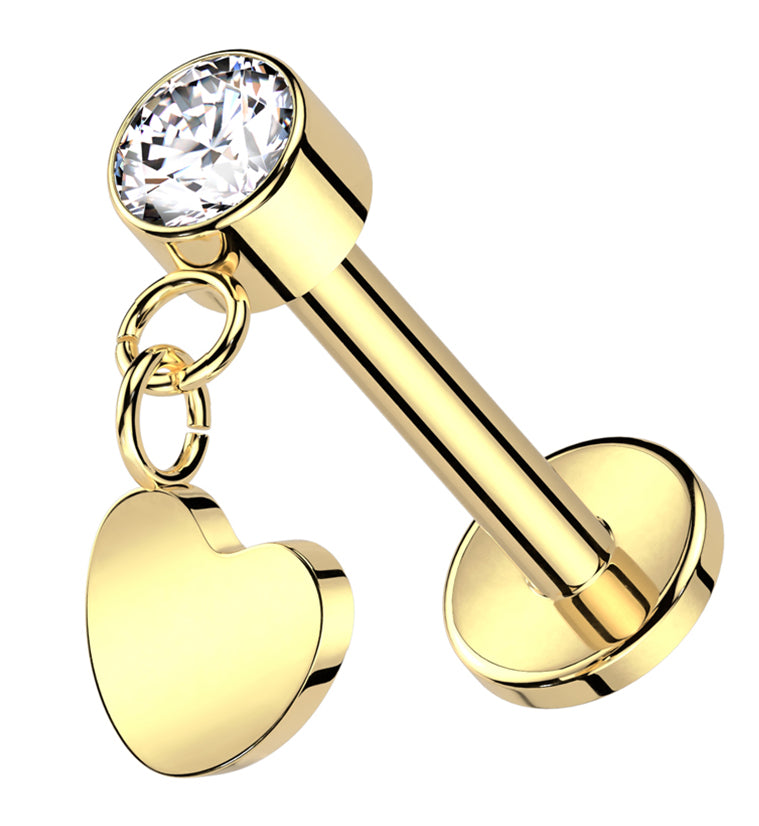 Gold PVD Heart Dangle Clear CZ Titanium Threadless Labret ...