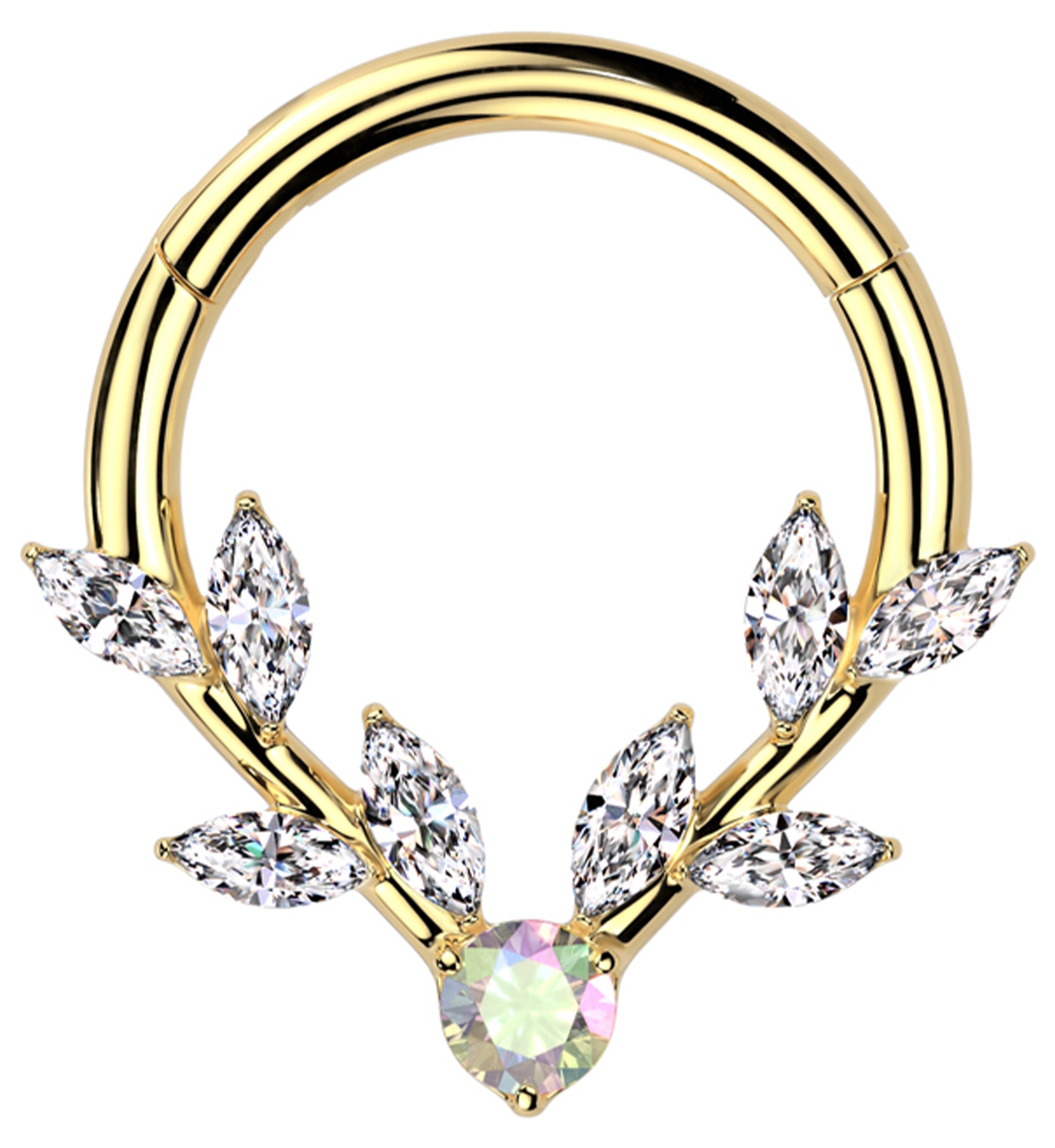 Gold PVD Laurel Vine Clear And Rainbow Aurora CZ Stainless Steel Hinge