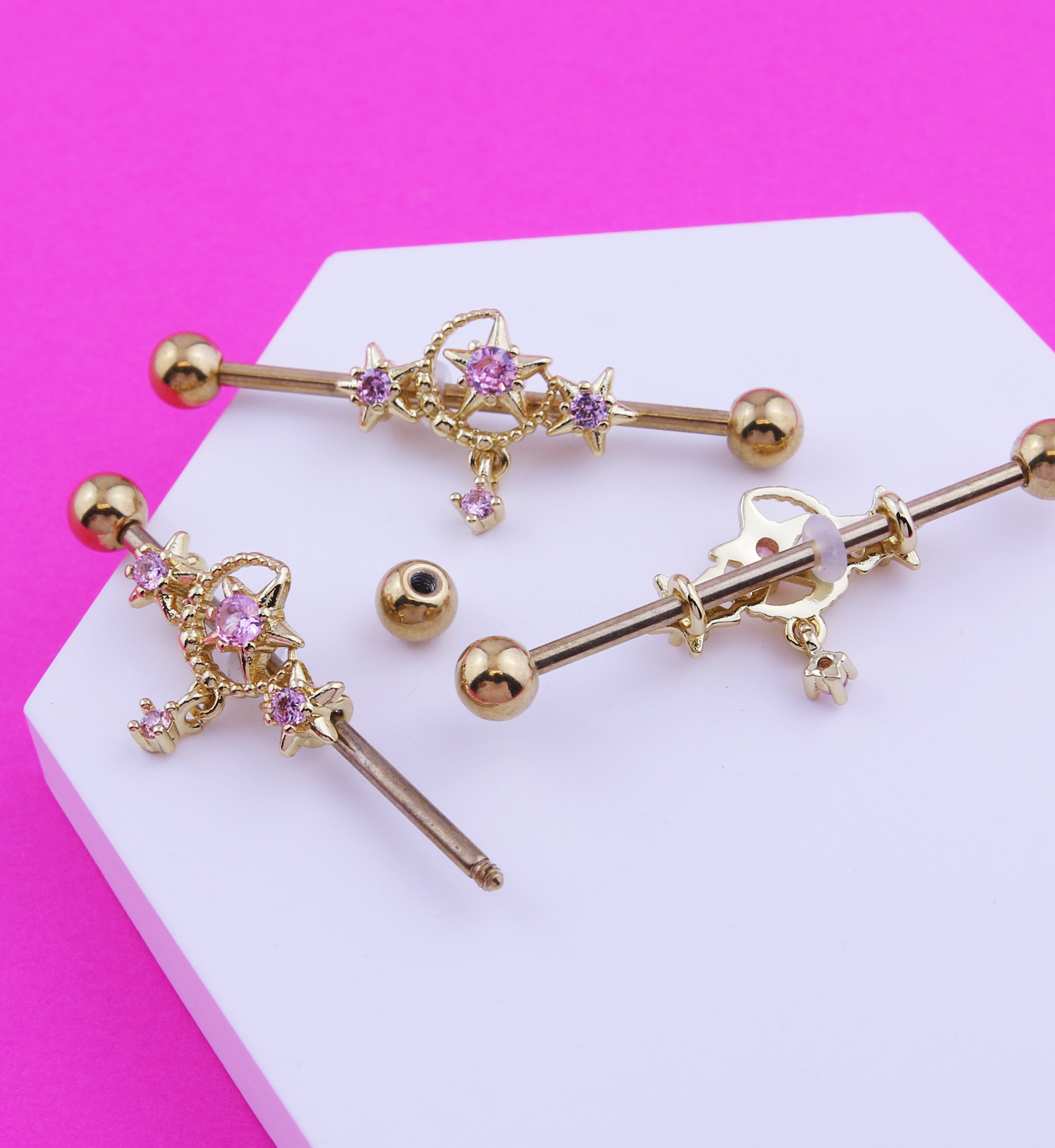 Gold PVD Moon and Stars Pink CZ Stainless Steel Industrial Barbell ...