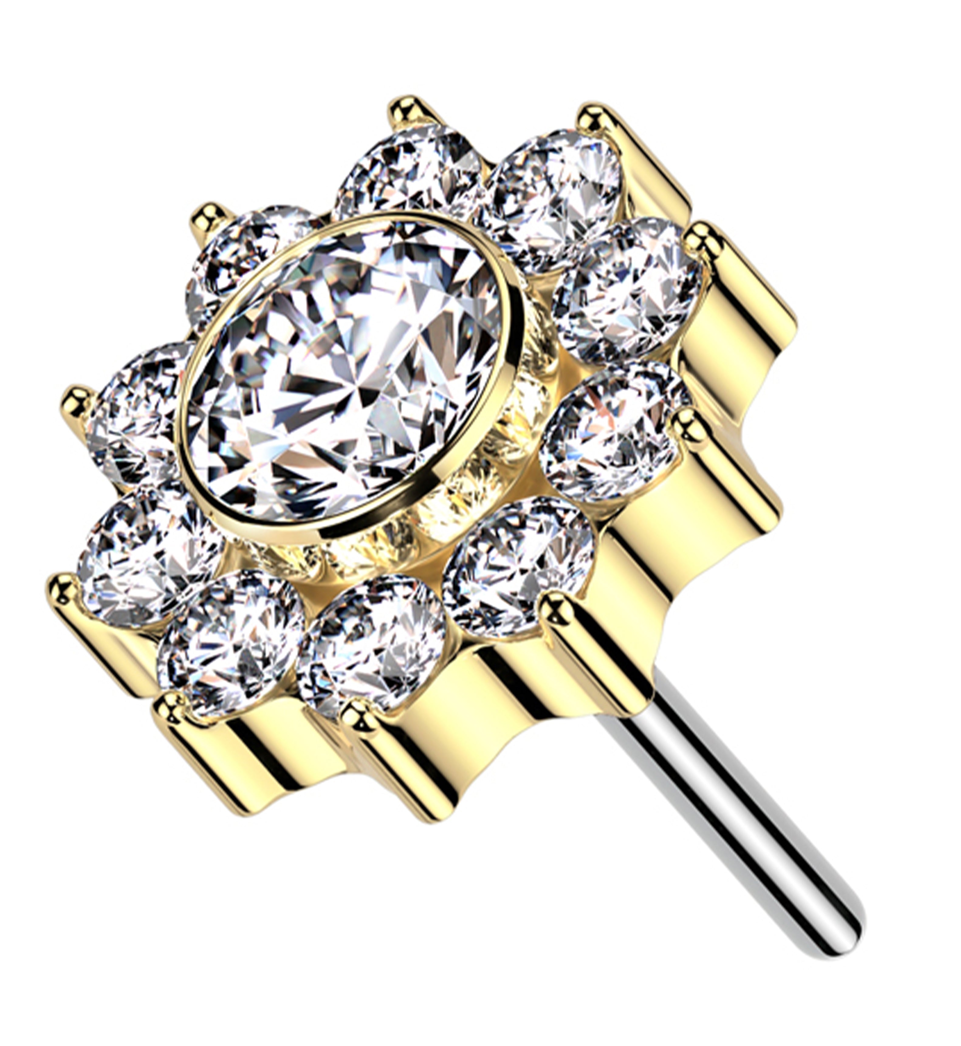 Gold PVD Pave Flower Clear CZ Titanium Threadless Top | UrbanBodyJewelry.com