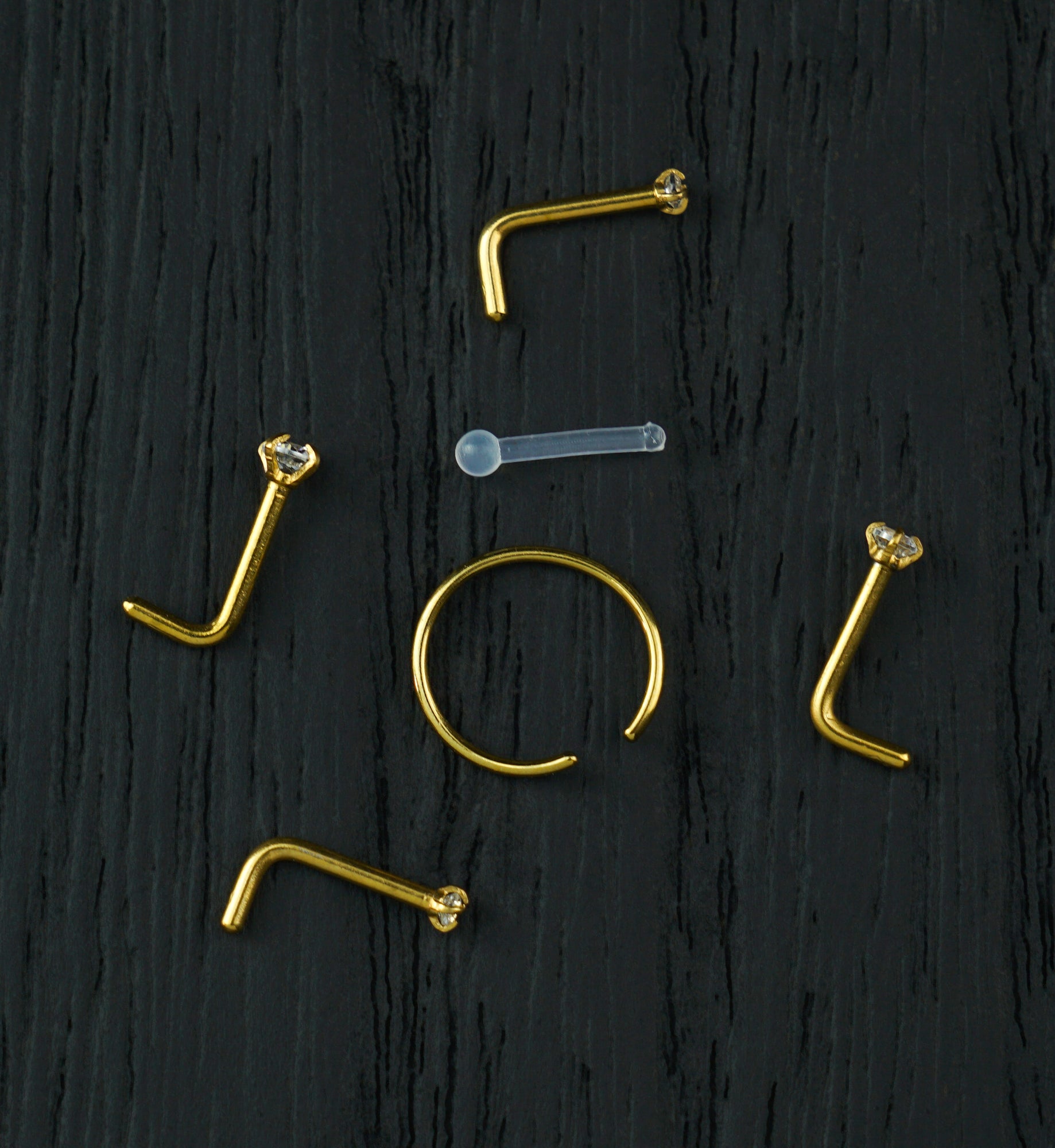 Gold PVD Prong Clear CZ Stainless Steel L Bend/Stud/Hoop Nose Ring Pac