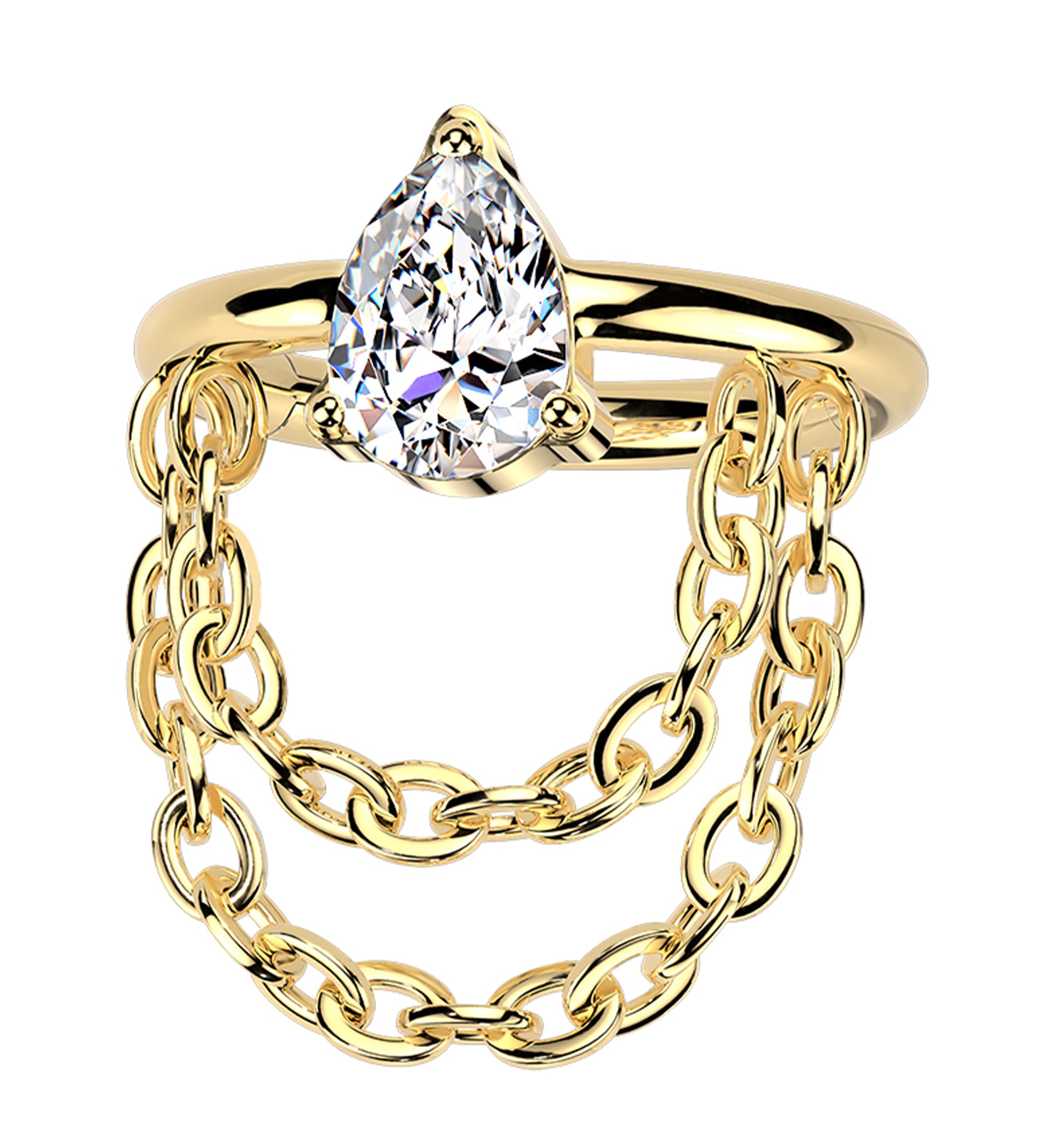 Gold PVD Side-Facing Teardrop Clear CZ Double Dangle Chain Hinged Segm