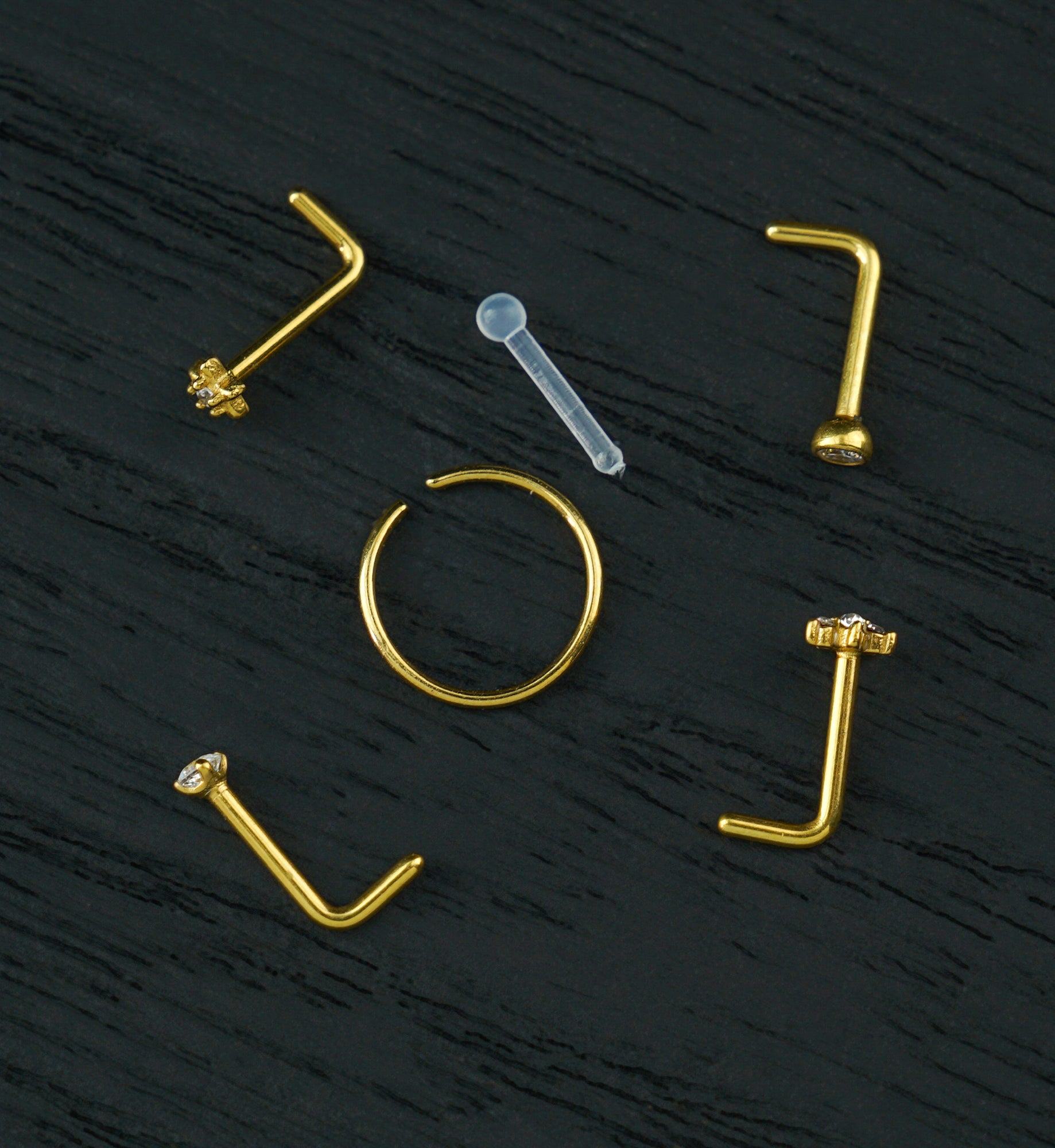 Gold PVD Star Flower Clear CZ Stainless Steel L Bend/Stud/Hoop Nose Ri