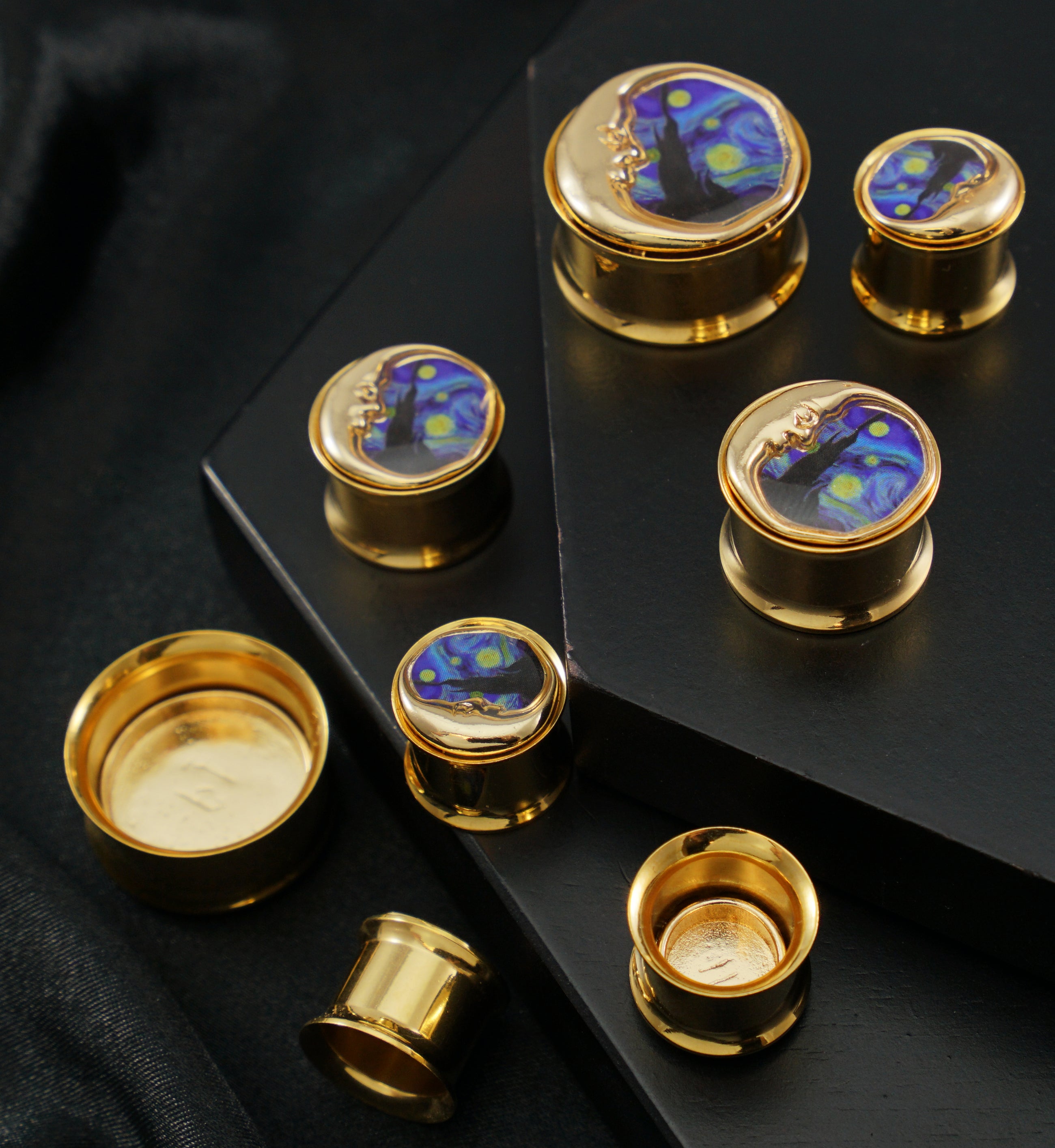 Gold PVD Starry Night Crescent Moon Stainless Steel Double Flare Tunnel ...