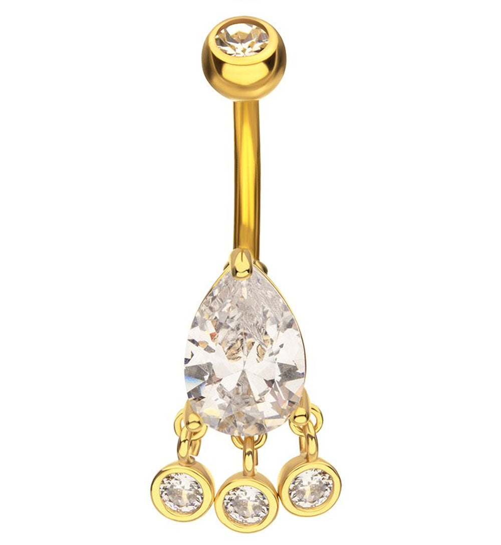 Gold PVD Teardrop Clear CZ Triple Bezel Dangle Stainless Steel Belly B