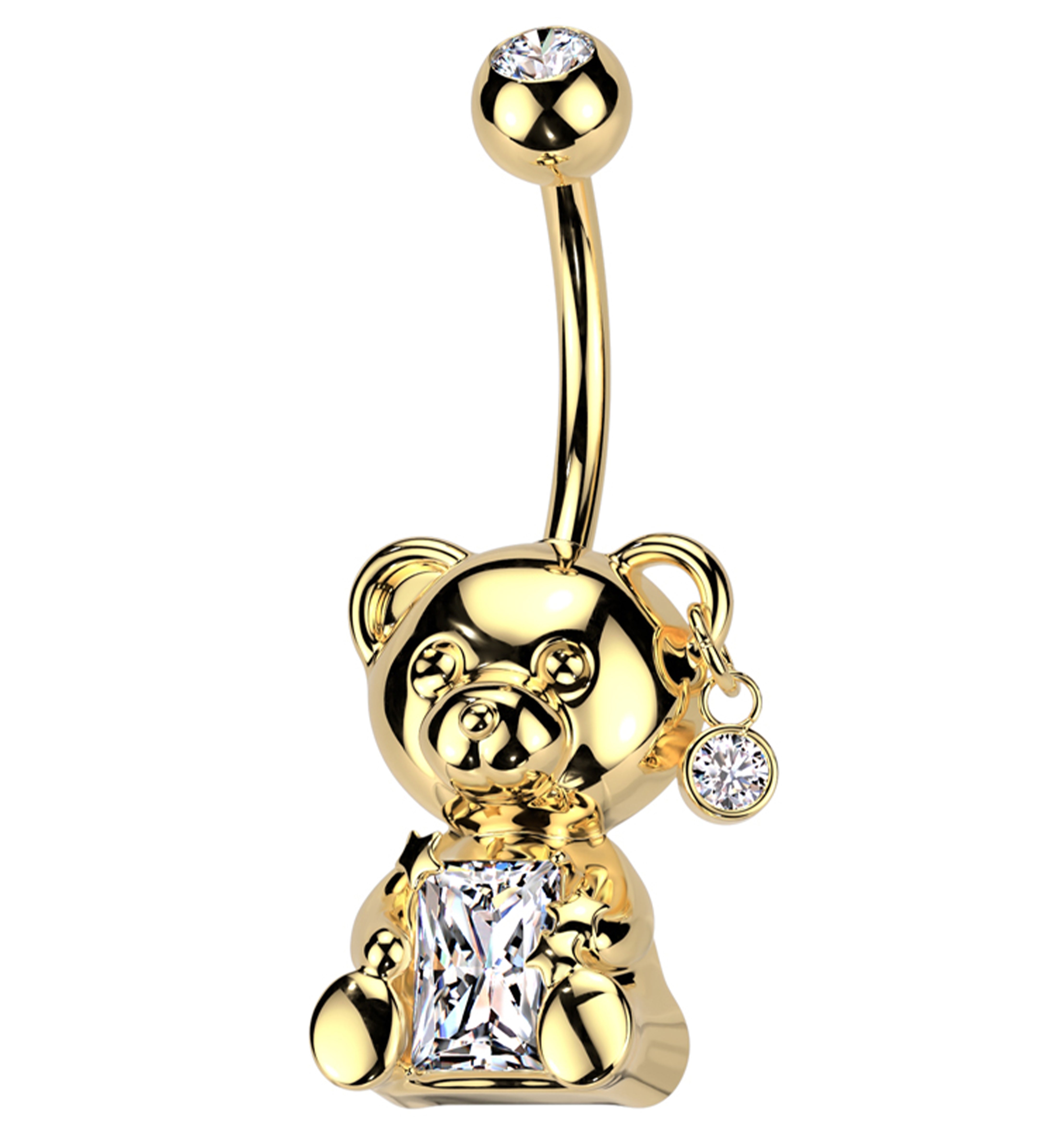 Gold PVD Teddy Bear Baguette Clear CZ Stainless Steel Belly Button Rin ...