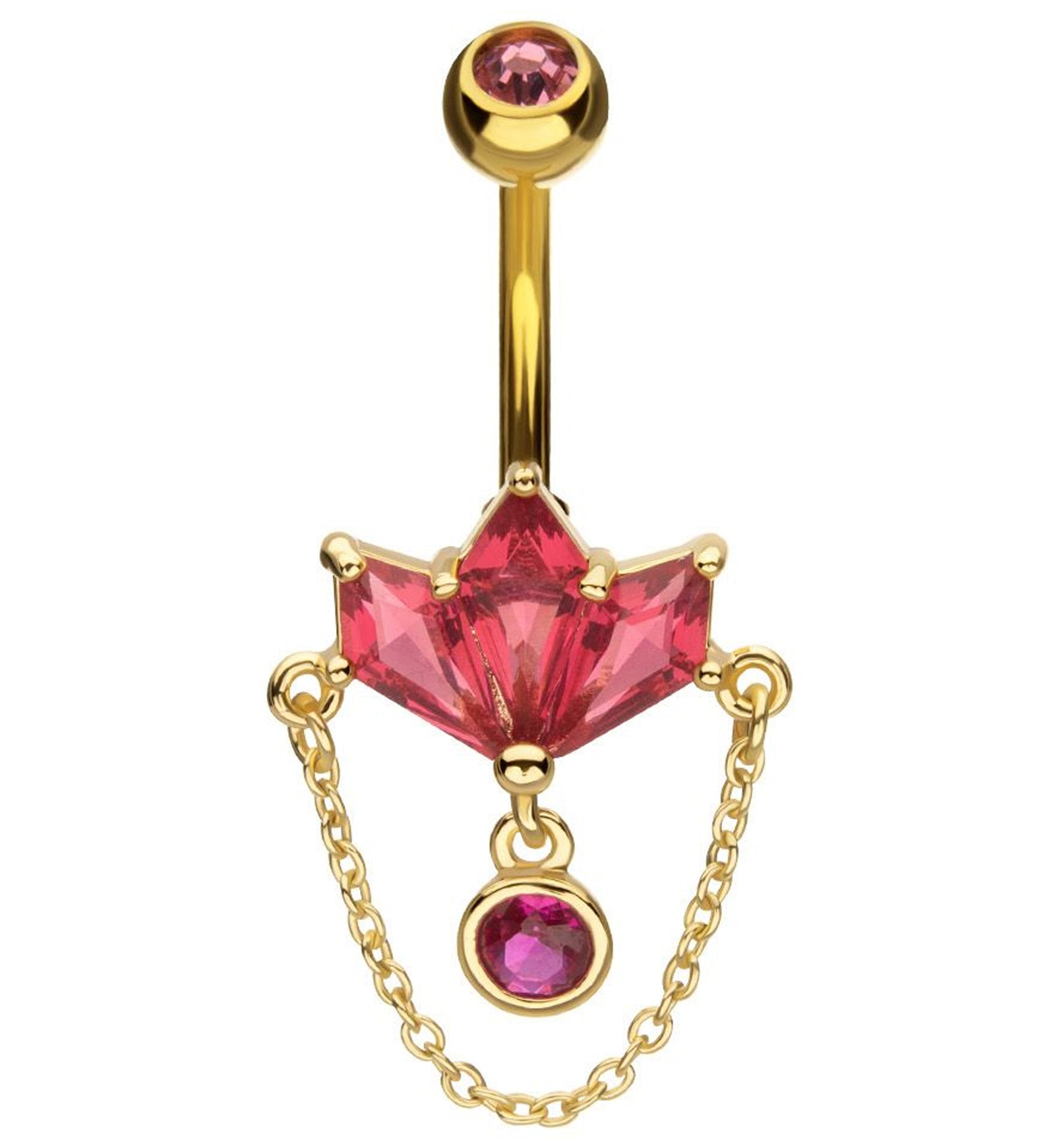Gold PVD Triple Poly Fuchsia CZ Dangle Chain Stainless Steel Belly But