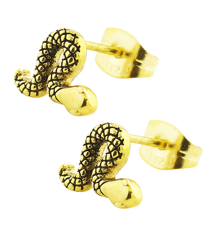 Gold PVD Etched Snake Stainless Steel Stud Earrings | UrbanBodyJewelry.com