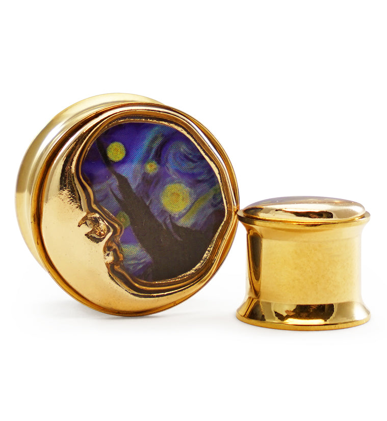 Gold PVD Starry Night Crescent Moon Stainless Steel Double Flare Tunnel ...