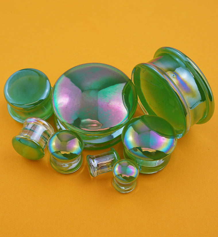 Green Oil Splash Glass Plugs (12 Gauge - 28mm) | UrbanBodyJewelry.com