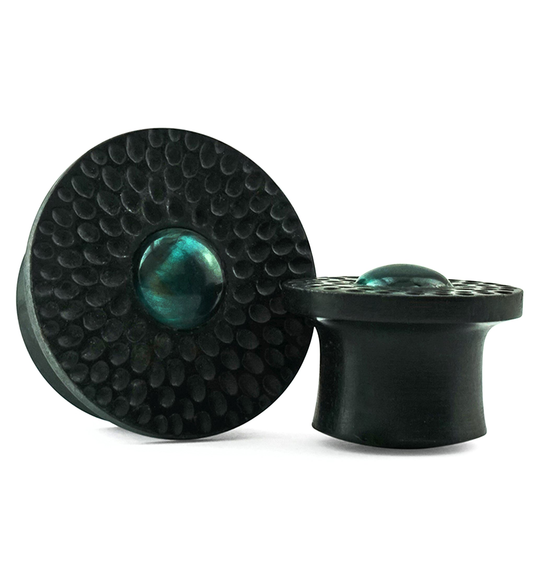 Green Tiger Eye Hammered Areng Wood Mayan Flare Plugs (3/4" - 1 & 1/4")