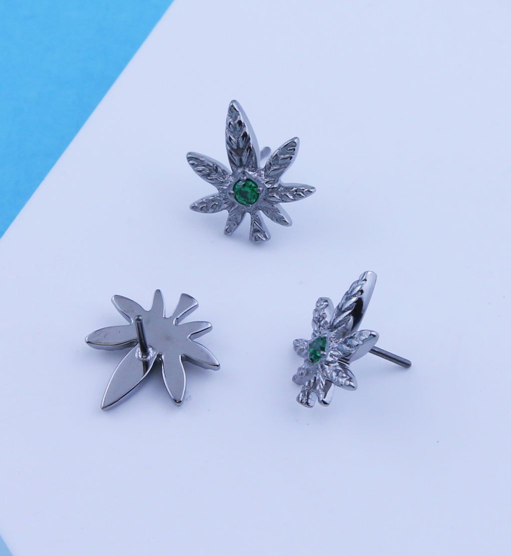 Cannabis Leaf Green CZ Titanium Threadless Top | UrbanBodyJewelry.com