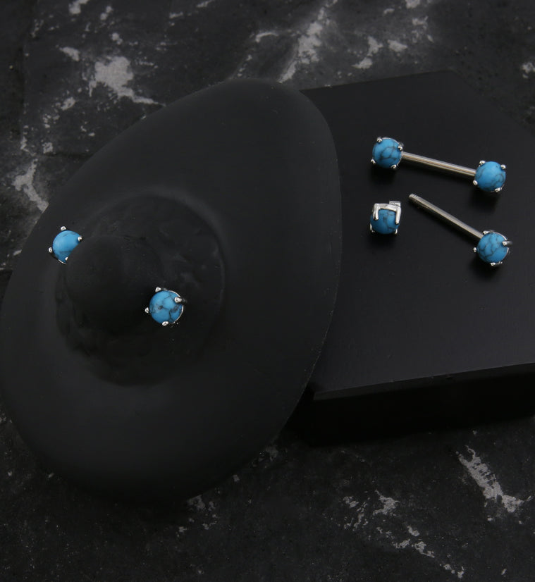 Howlite Turquoise Stone Prong Stainless Steel Nipple Barbell ...