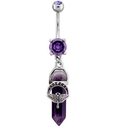 Moon Phase Moth Amethyst Crystal Dangle Stainless Steel Belly Button R
