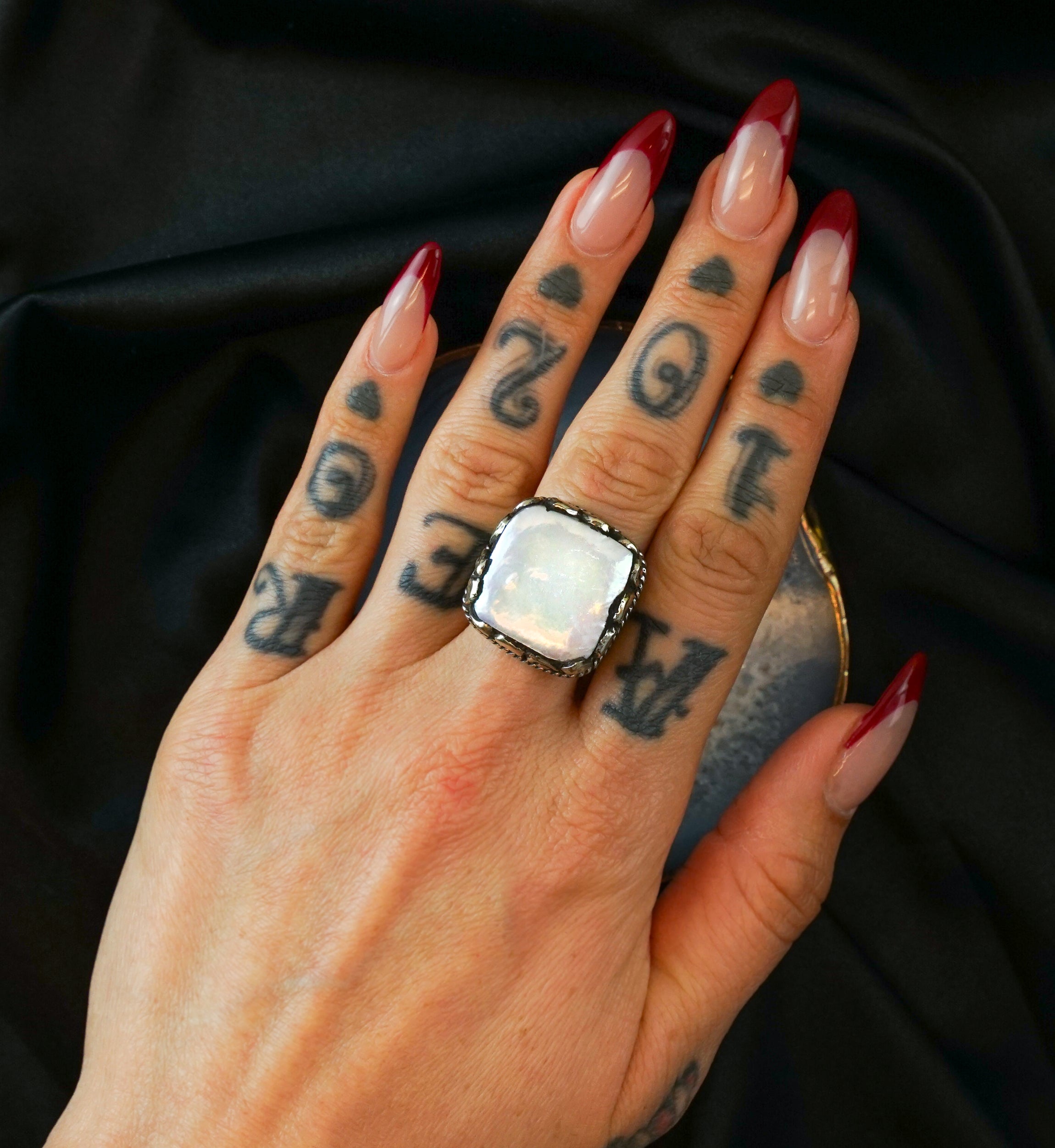 Ornate Square MOP White Brass Ring | UrbanBodyJewelry.com