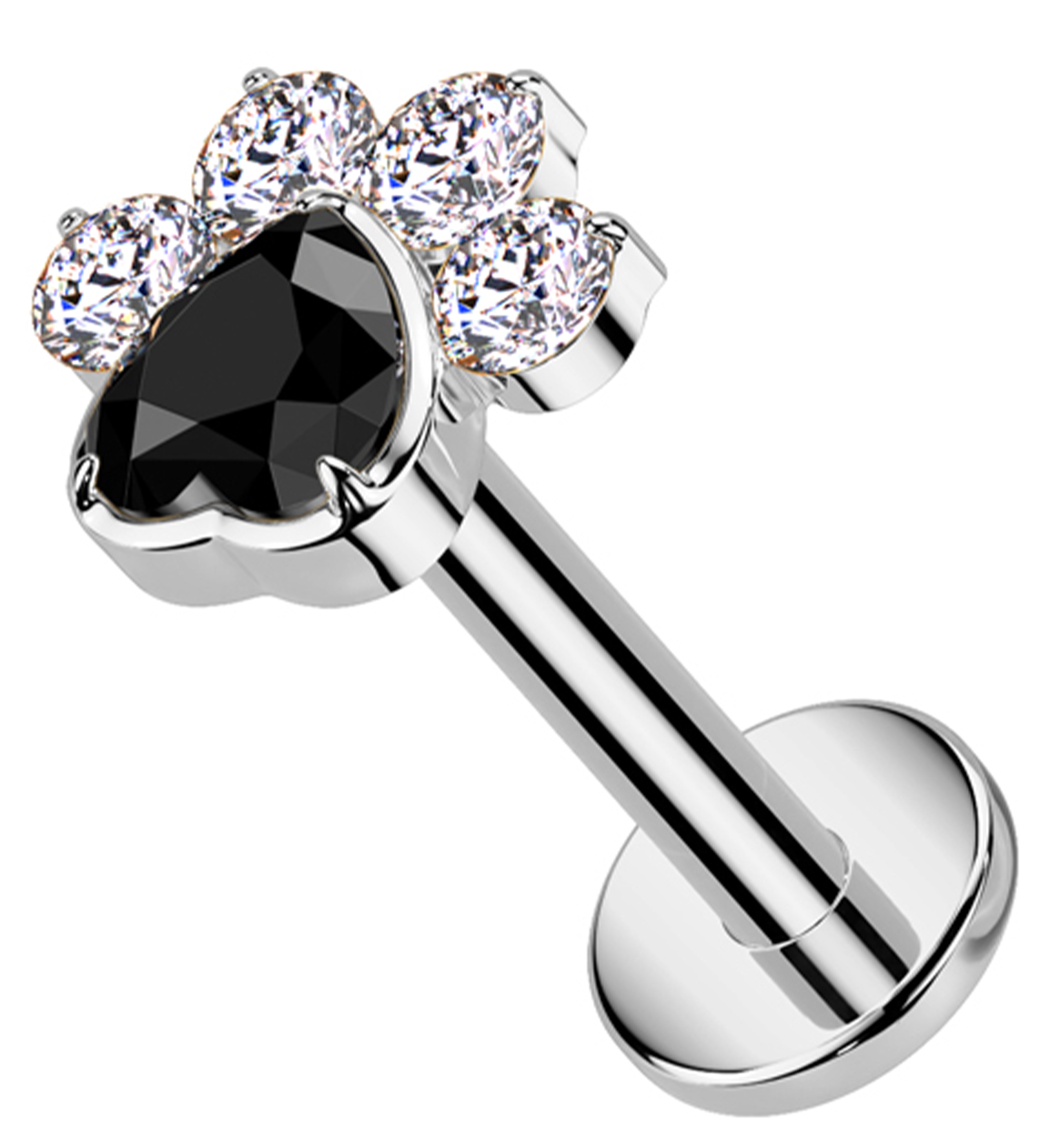 Paw Print Love Black CZ Internally Threaded Titanium Labret ...
