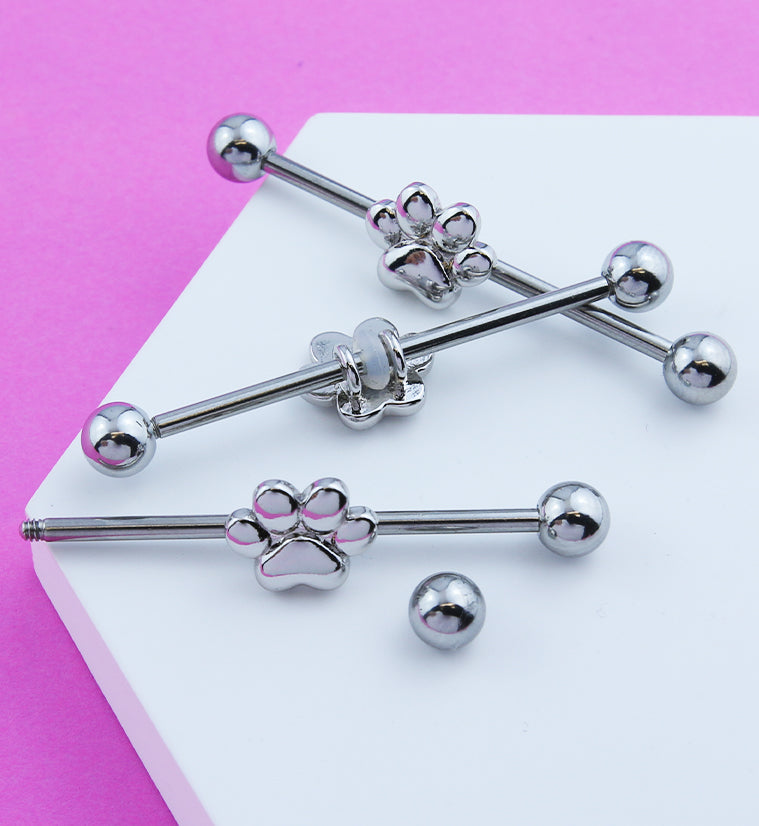 Paw Print Stainless Steel Industrial Barbell | UrbanBodyJewelry.com