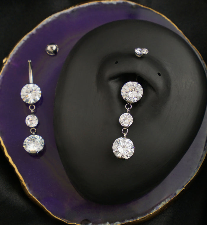Triple Prong Clear CZ Dangle Titanium Internally Threaded Belly Button