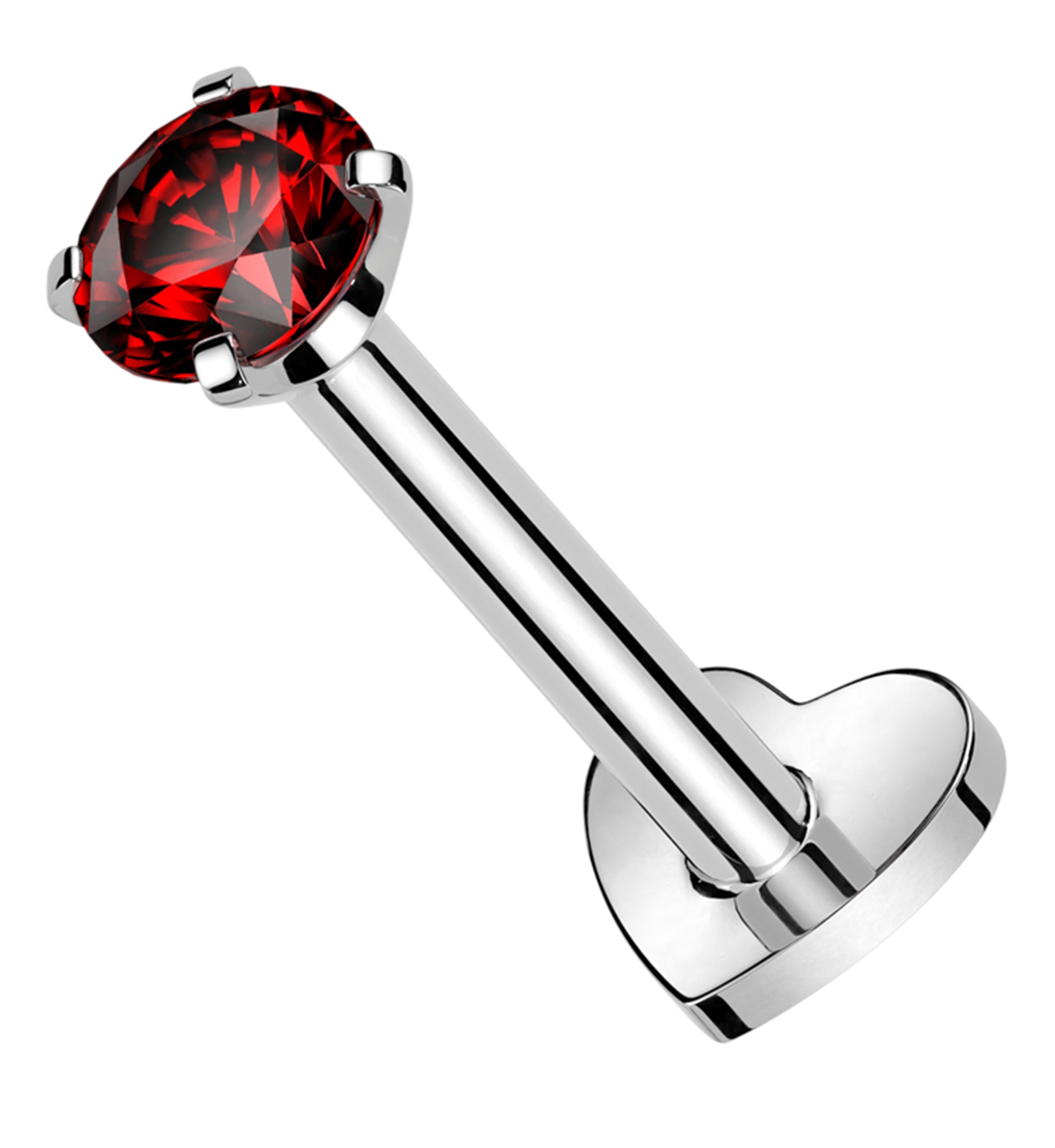 Prong Red CZ Internally Threaded Titanium Heart Disk Labret ...