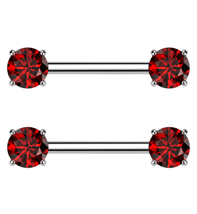 Prong Red CZ Threadless Titanium Nipple Barbells | UrbanBodyJewelry.com