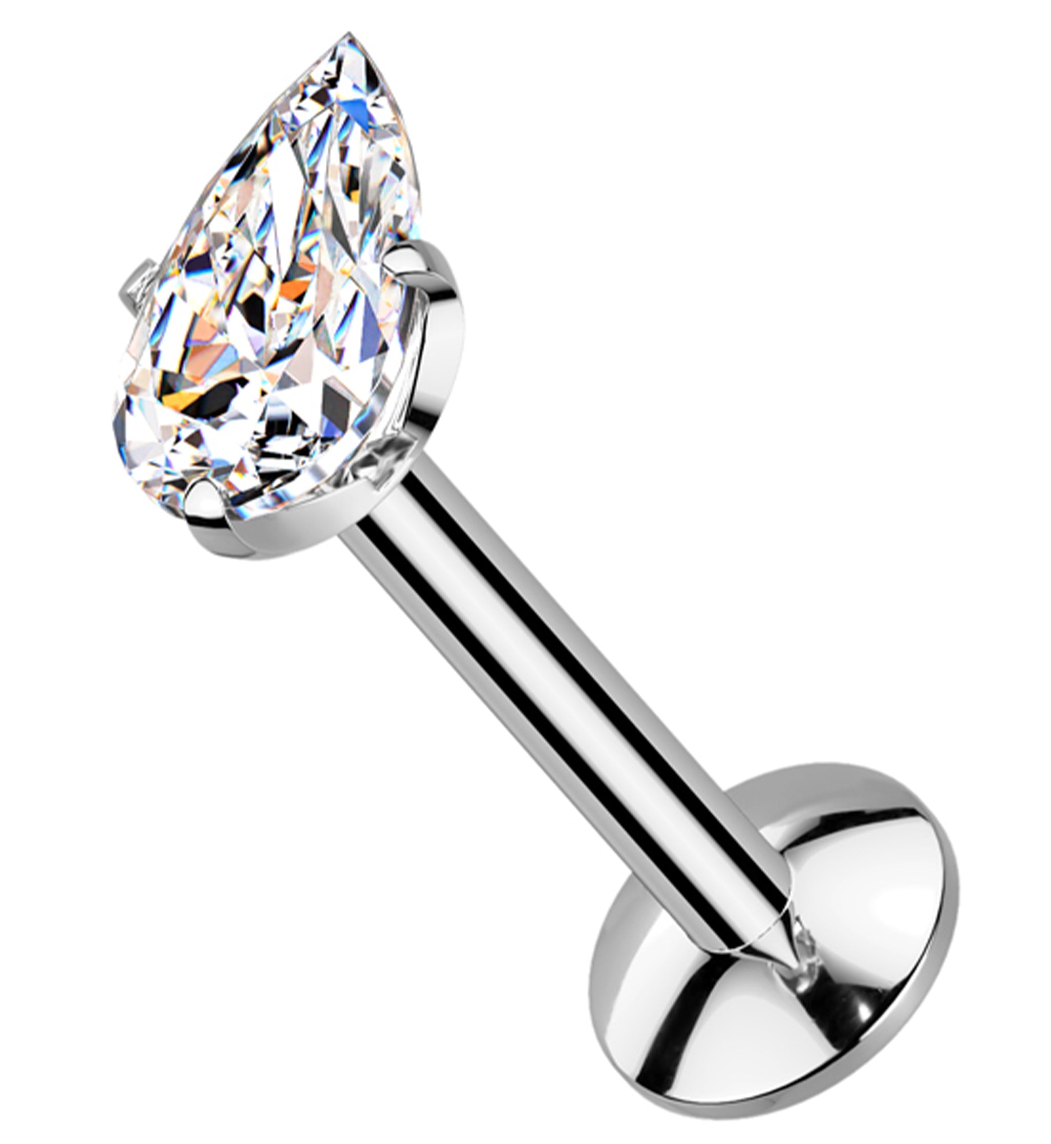 Prong Teardrop Clear CZ Internally Threaded Titanium Convex Back Labre