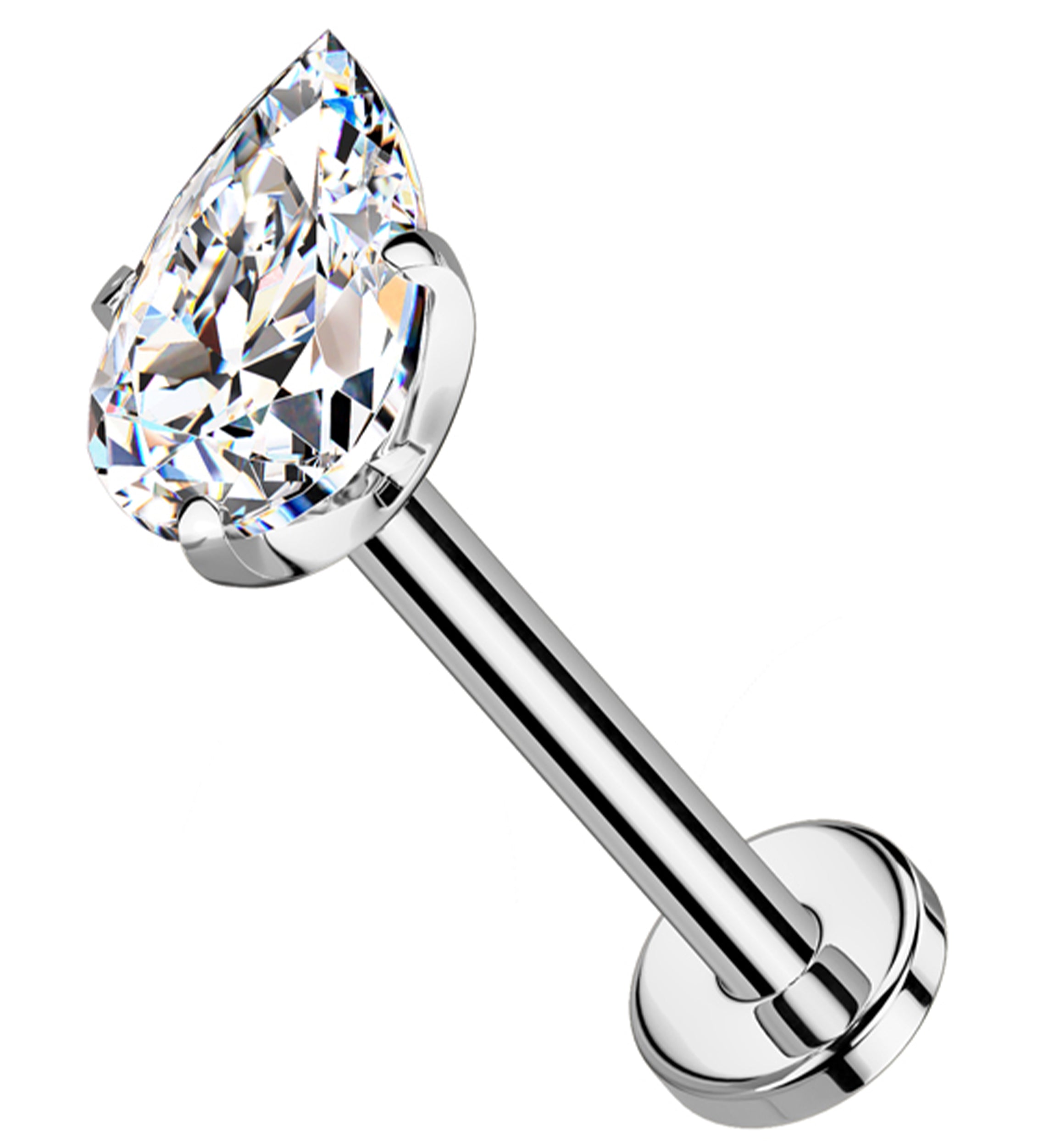 Prong Teardrop Clear CZ Threadless Titanium Flat Disk Labret ...