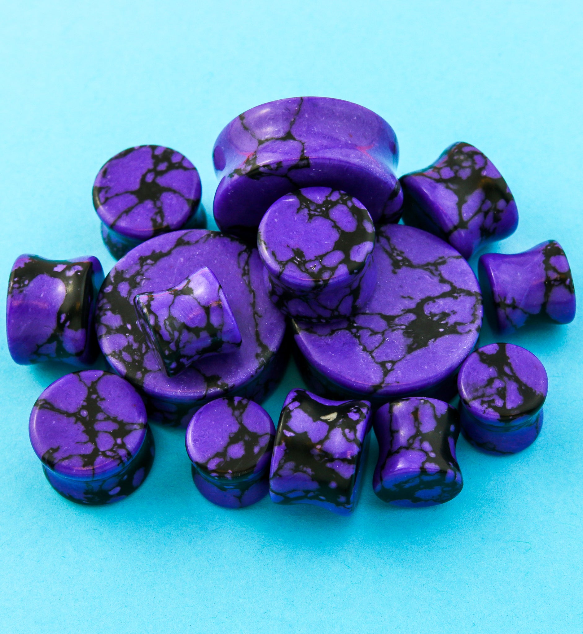 Purple And Black Howlite Stone Plugs (8G - 1&1/2") | UrbanBodyJewelry.com
