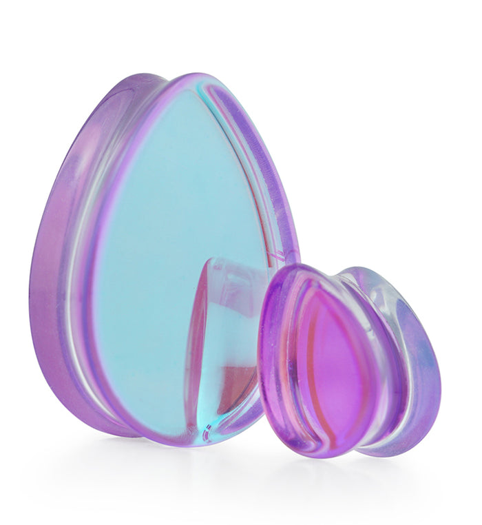 Purple Iridescent Glass Teardrop Plugs (2 Gauge - 1")