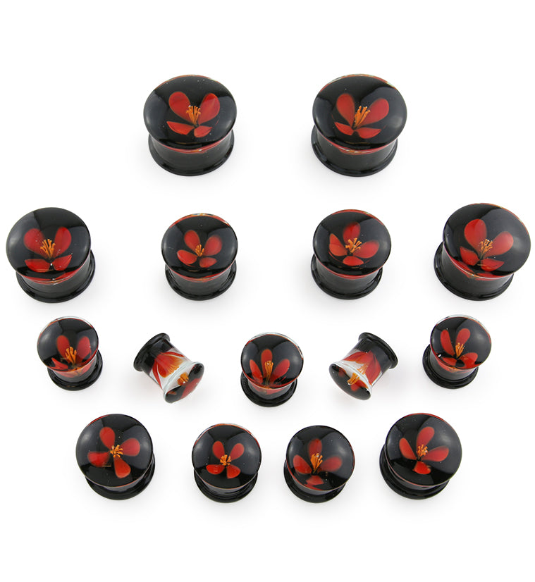 Red Poppy Flower Black Glass Double Flare Plugs 0G - 1 ...