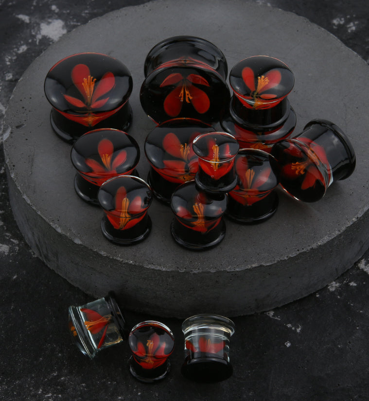 Red Poppy Flower Black Glass Double Flare Plugs 0G - 1 ...