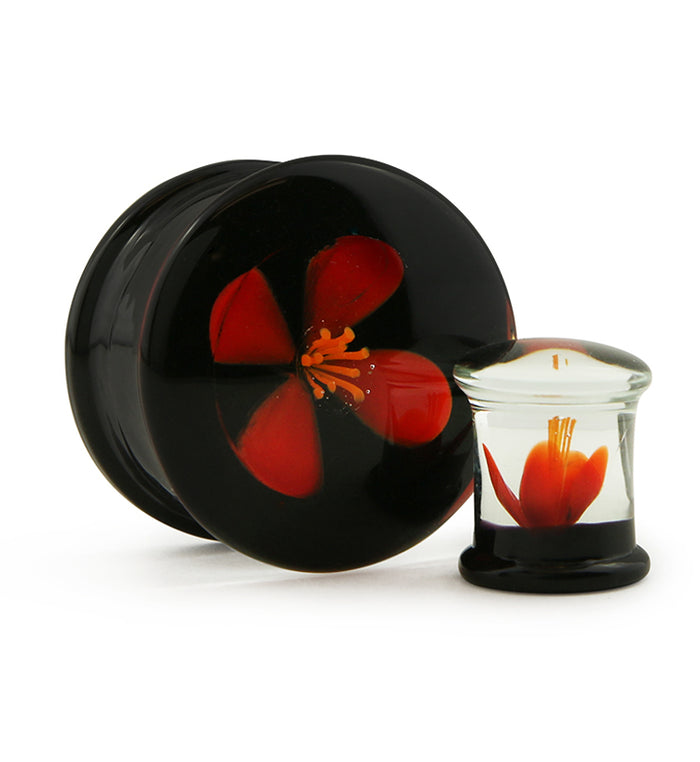 Red Poppy Flower Black Glass Double Flare Plugs 0G - 1"